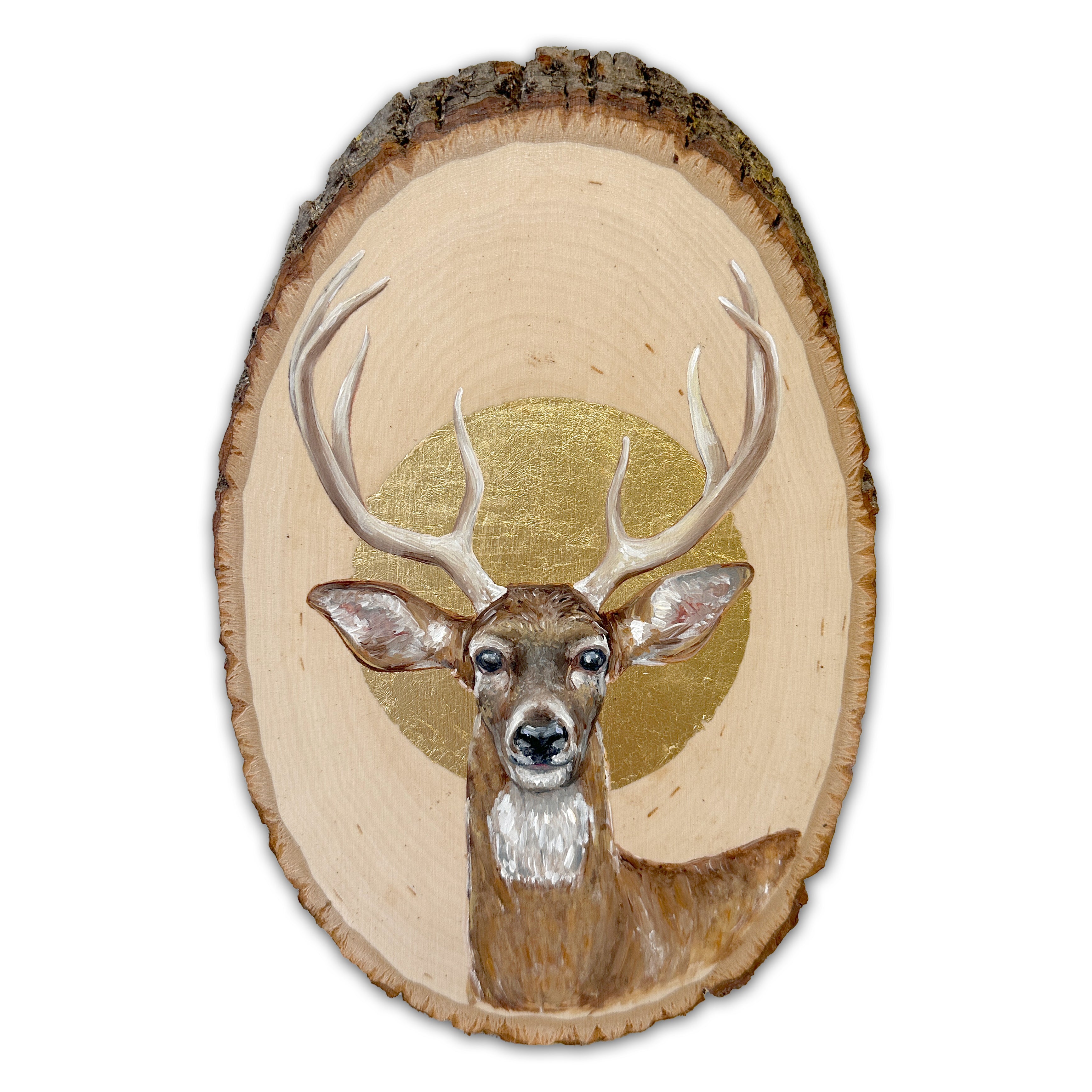 PNW Deer | Oil & Gold Metal Leaf on Wood | 9" x 6" (Oval) | 2022 – JesLilly